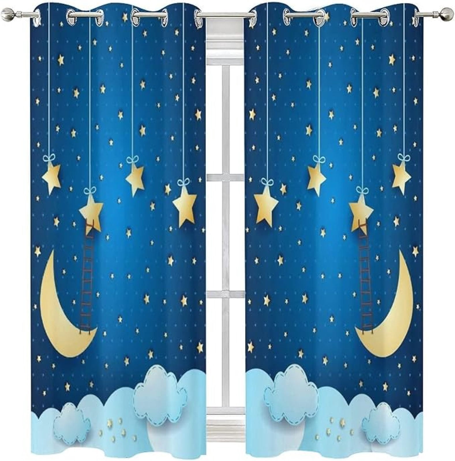 Kids Cartoon Blackout Curtains, 3D Night Sky Moon Stars Print Window ...