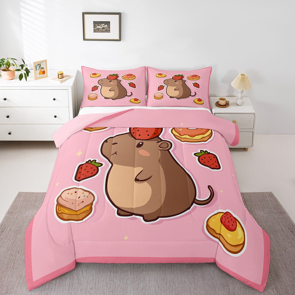 Cartoon Capybara King Size Down Comforter,Dessert Strawberry Cake Bedding Sets Starry Sweet ...