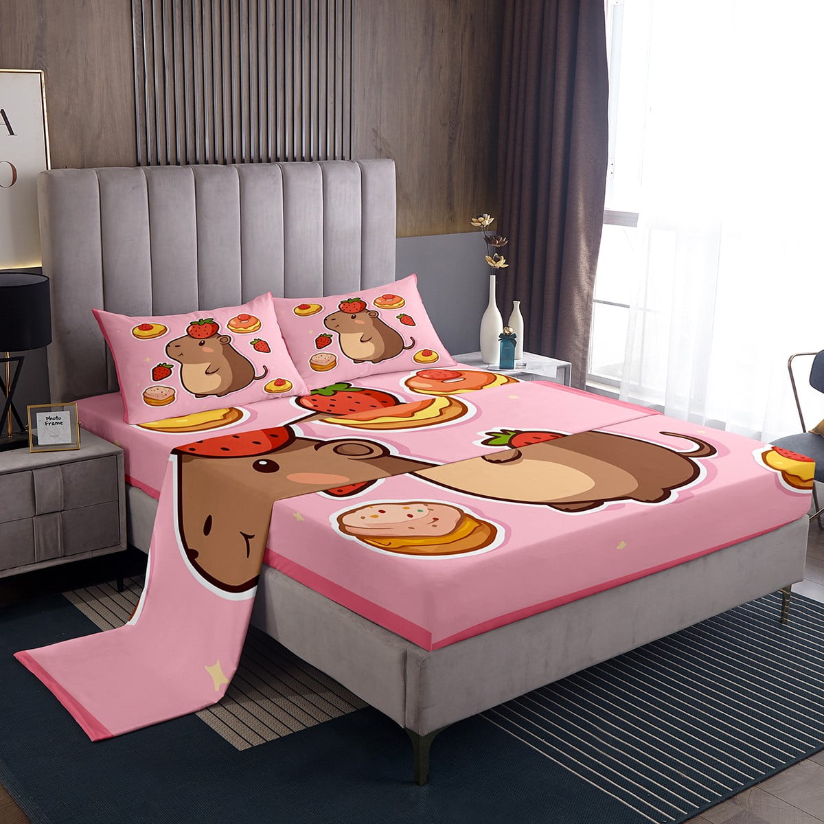 Cartoon Capybara Twin Size Bed Sheets Set,Dessert Strawberry Cake Sheets Starry Sweet Donut ...
