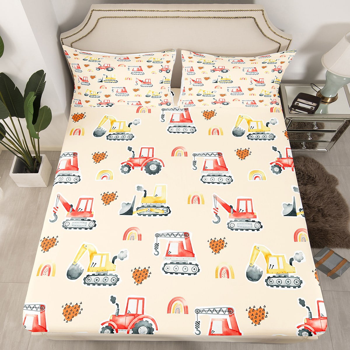 Cartoon Car Bed Sheets Rainbow Fitted Sheet Full Size, Construction ...