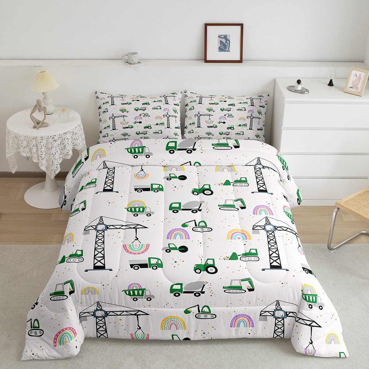 Cartoon Car Bedding Set King Cute Rainbow Comforter Set, Construction ...