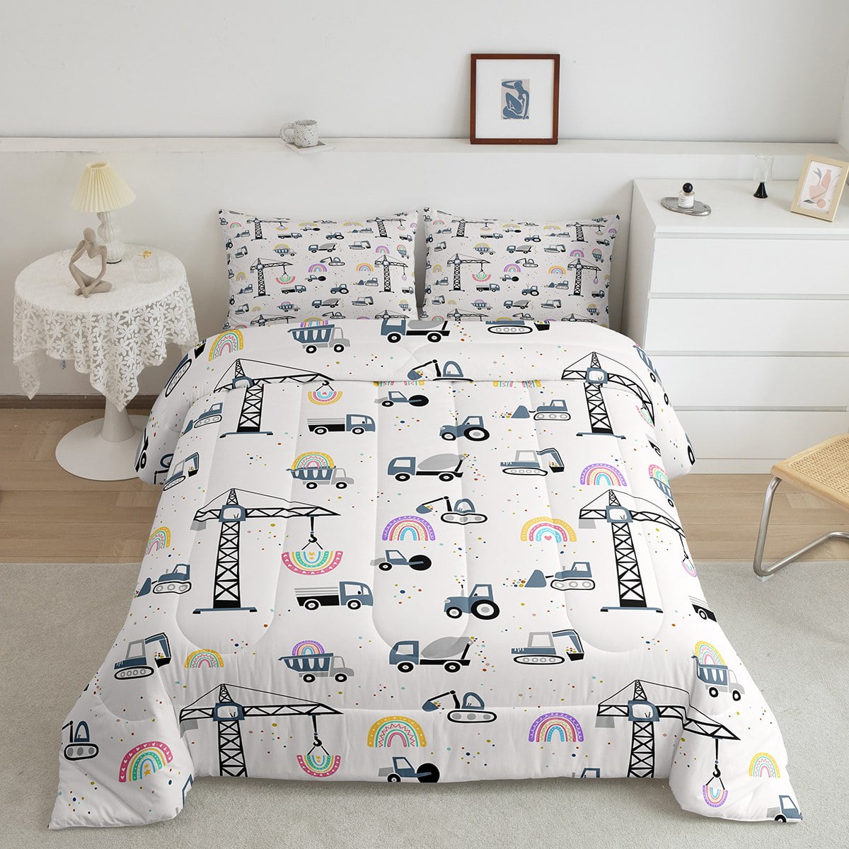 Cartoon Car Bedding Set Queen Cute Rainbow Comforter Set, Construction ...