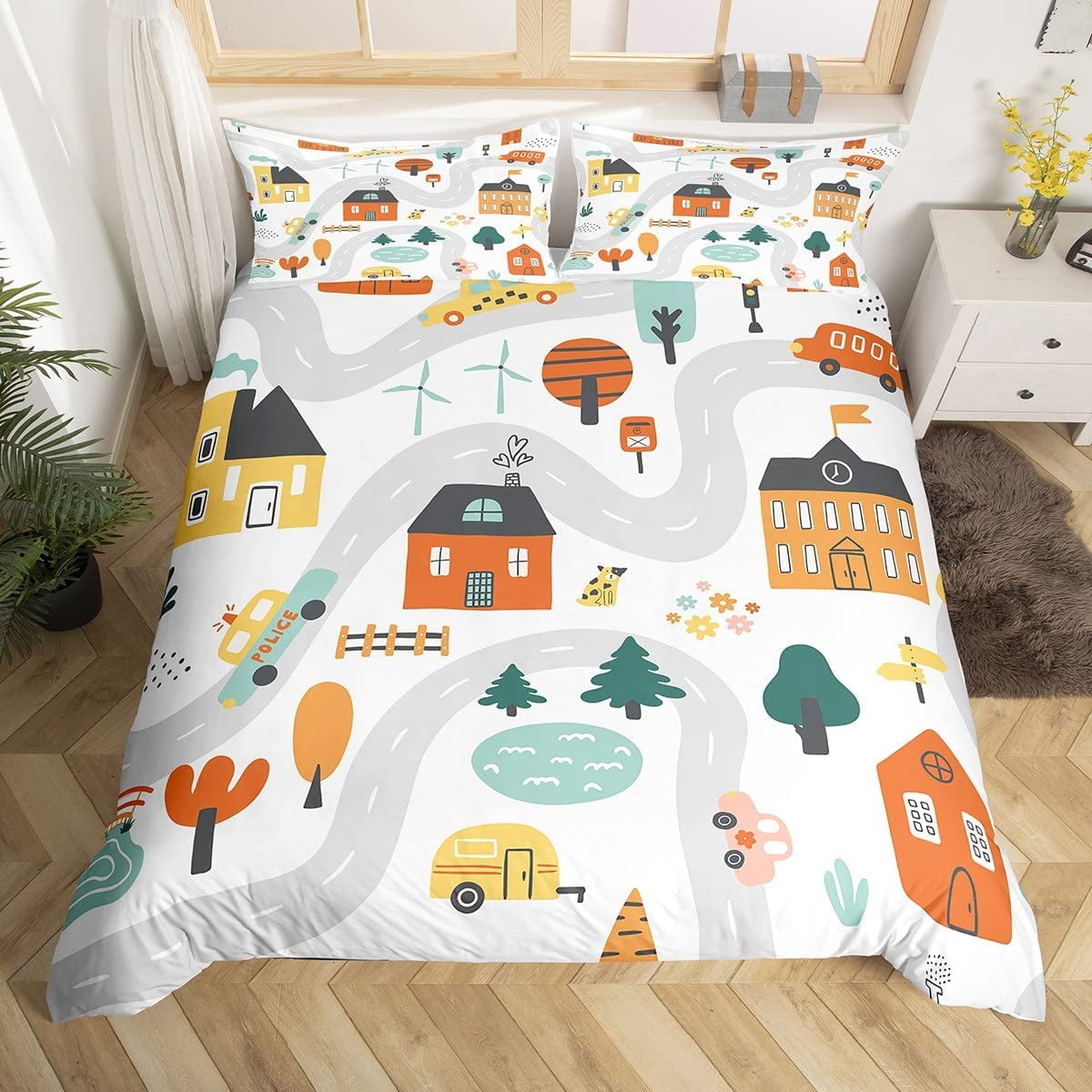 Kids Cartoon Car Duvet Cover Set City Building Street Road Bedding Set ...