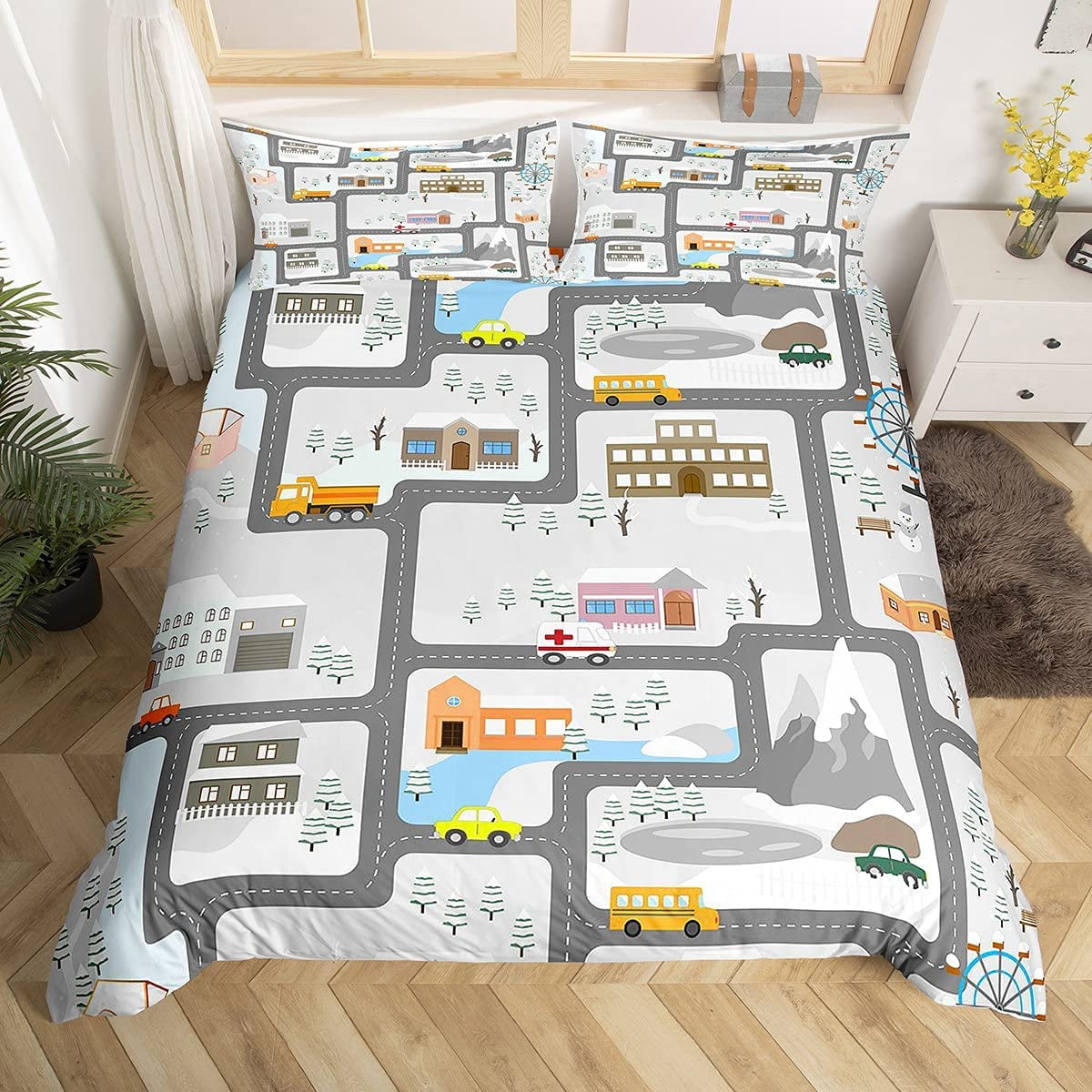 Kids Cartoon Car Duvet Cover Set City Building Street Road Bedding Set ...