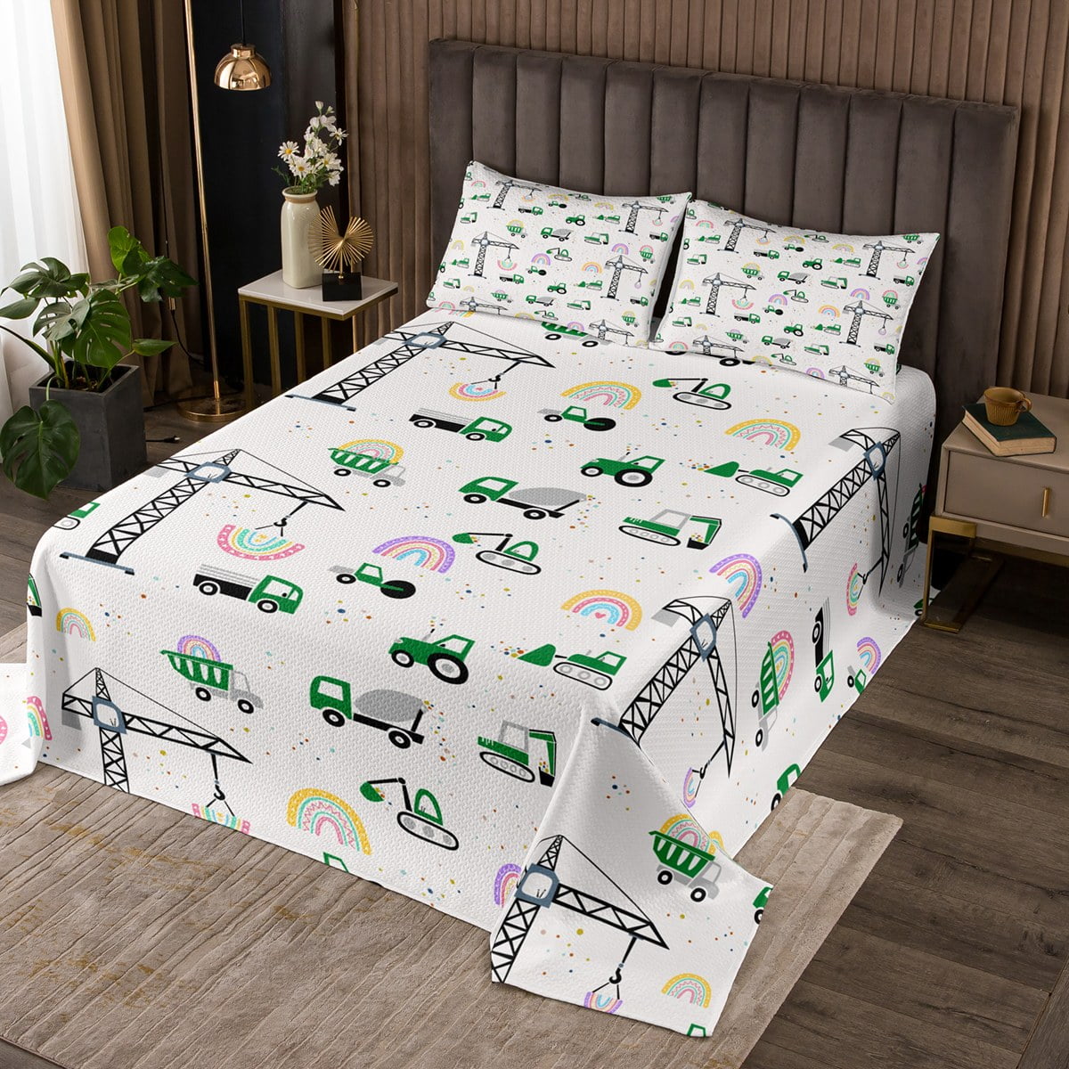Cartoon Car King Quilt Set Cute Rainbow Coverlet Set, Construction ...