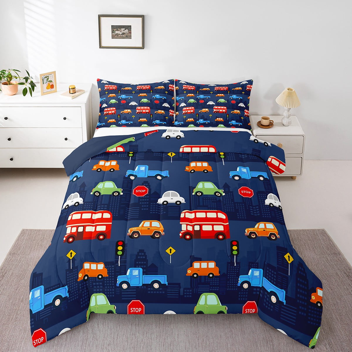 Kids Cartoon Cars Toddler Bedding Set, Cute Bus Truck Vehicles Bed Set ...