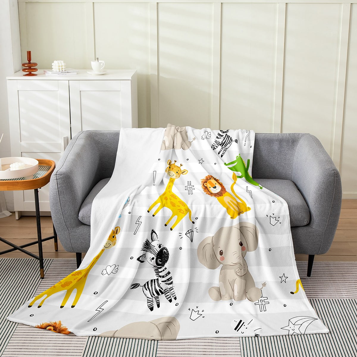 Cartoon Elephant Fleece Blanket Queen 90x90 Cute Giraffe Zebra Lion ...