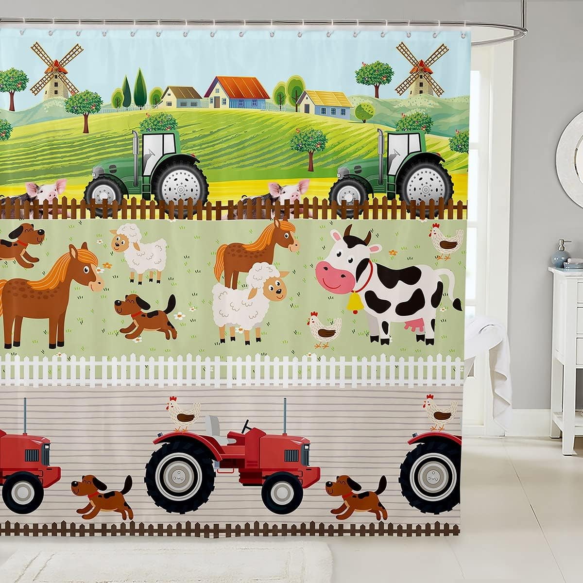 Kids Cartoon Farm Animals Bath Curtain Toddler Cute Tractors Shower ...