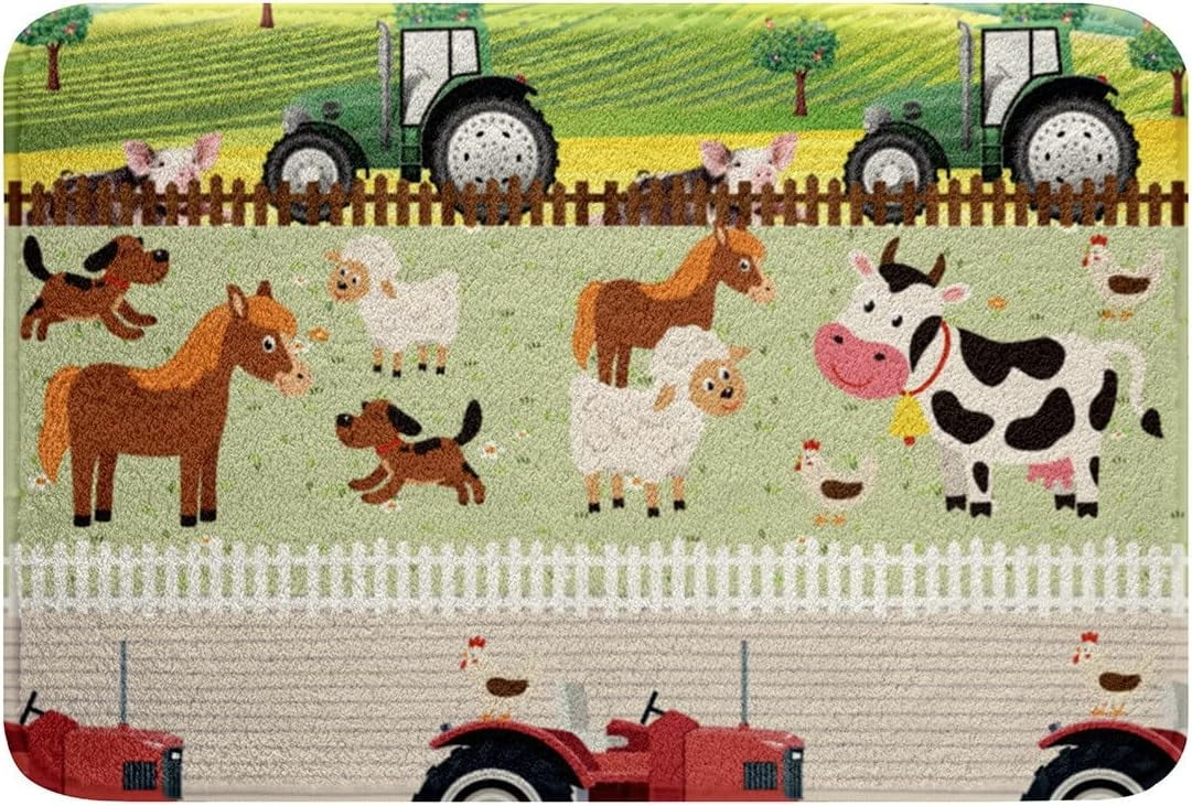 Kids Cartoon Farm Animals Bathroom Rug Mat Toddler Cute Tractors Bath ...