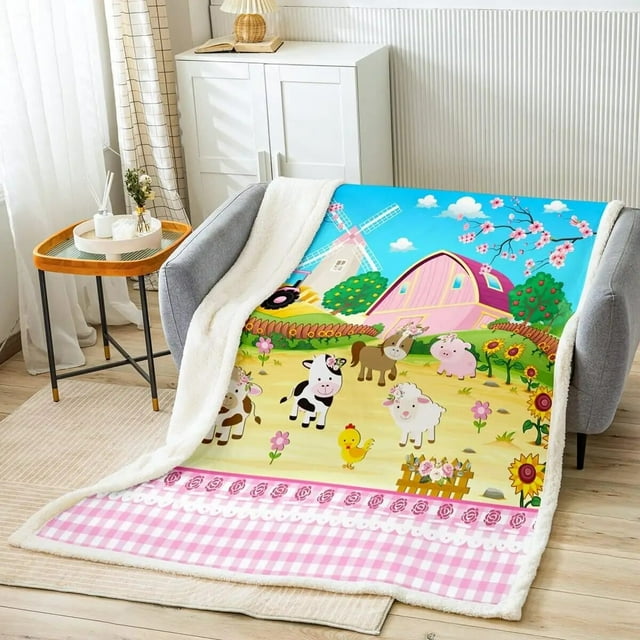 Kids Cartoon Farm Throw Blanket Watercolor Cow Pig Sheep Chicken ...