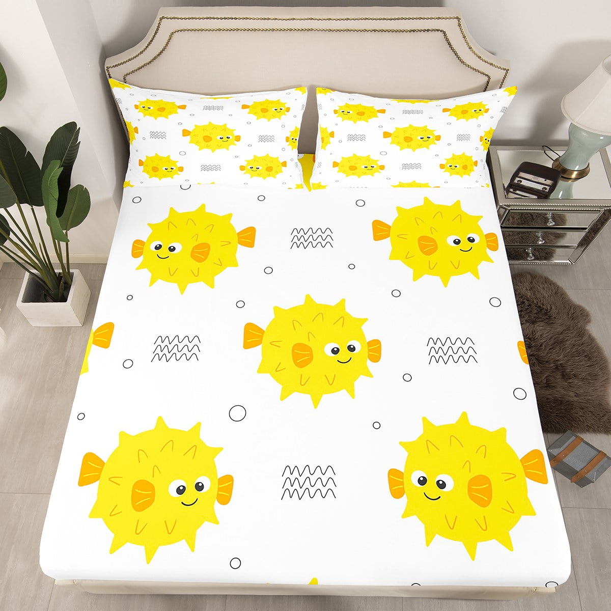 Cartoon Fish Bedding Set Twin Size,Cute Yellow Pufferfish Fitted Sheet ...