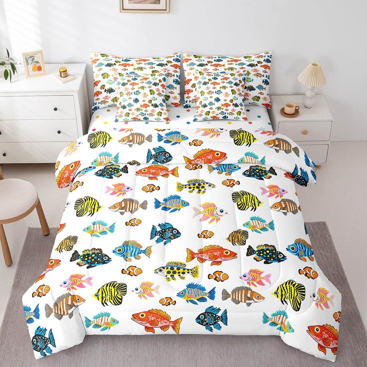 Kids Cartoon Fish Full Size Bedding Set,Fishing Sealife Comforter 7 ...