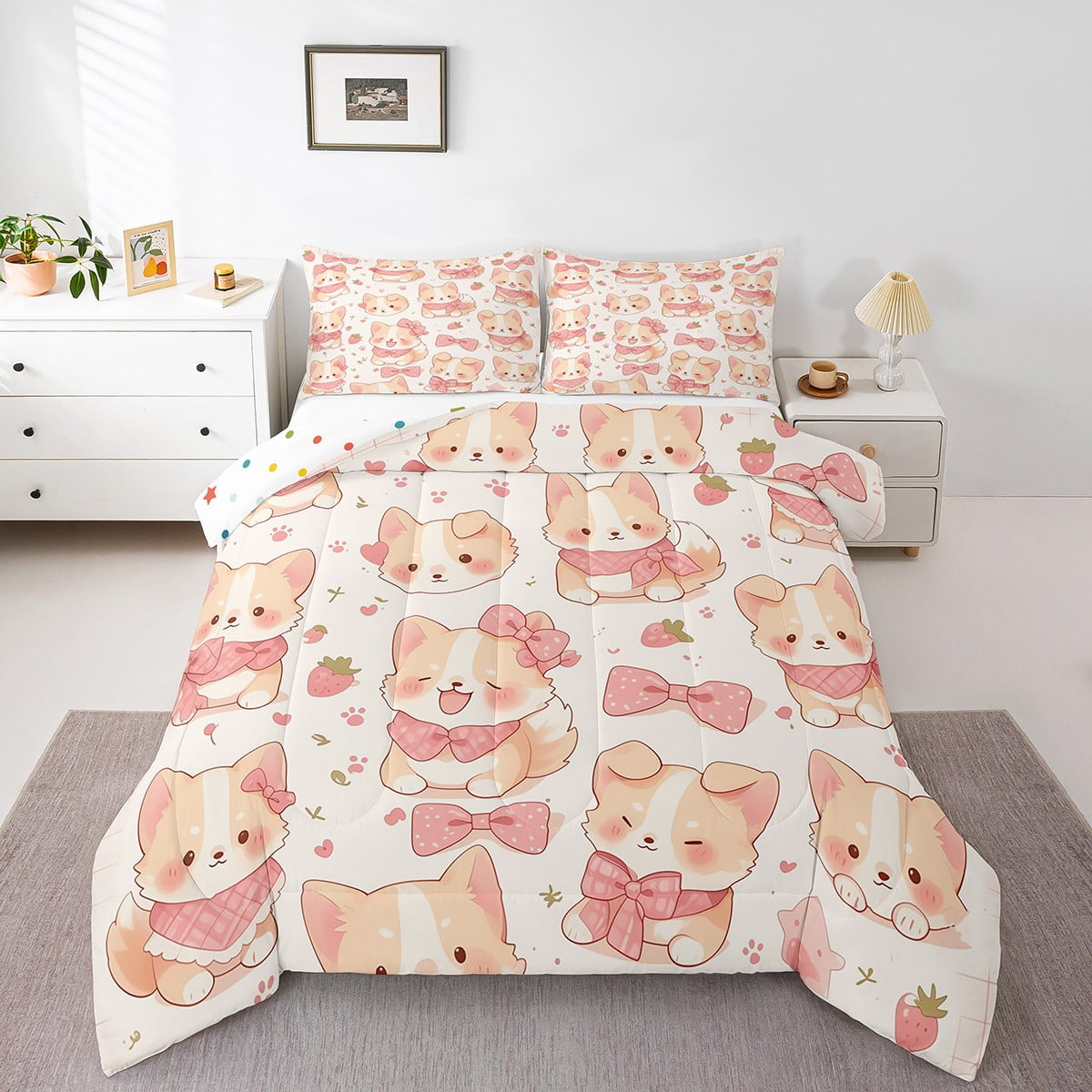 Kids Cartoon Fox Comforter Set Pink Bow Painting Toddler Bedding Set ...