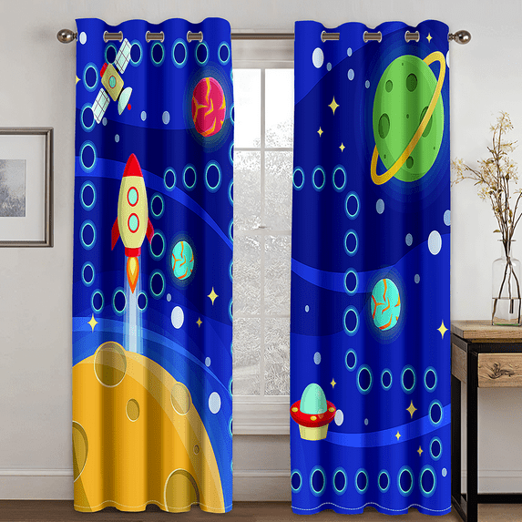Kids Cartoon Out Space Curtains Galaxy Rocket for Baby Boys Bedroom ...