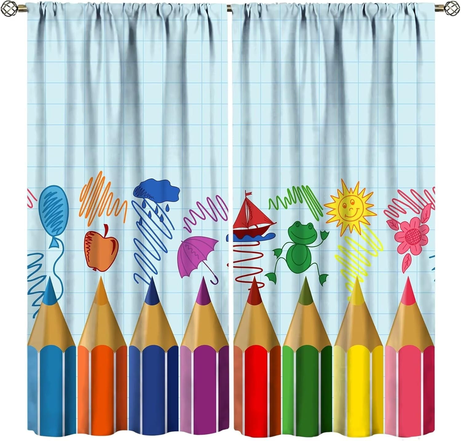 Kids Cartoon Pencil Curtains Colorful Crayons Art Printed School ...