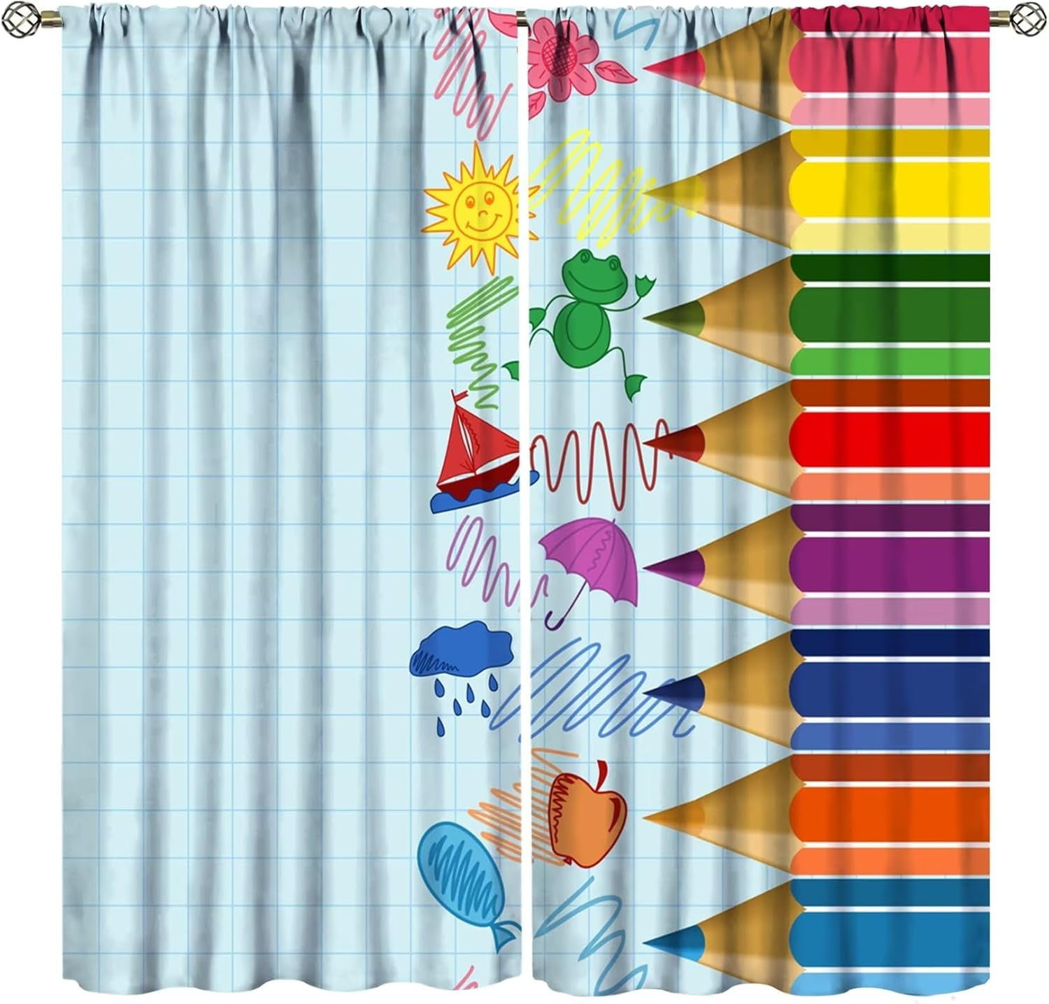 Kids Cartoon Pencil Curtains Colorful Cute Crayon Funny Art Printed ...