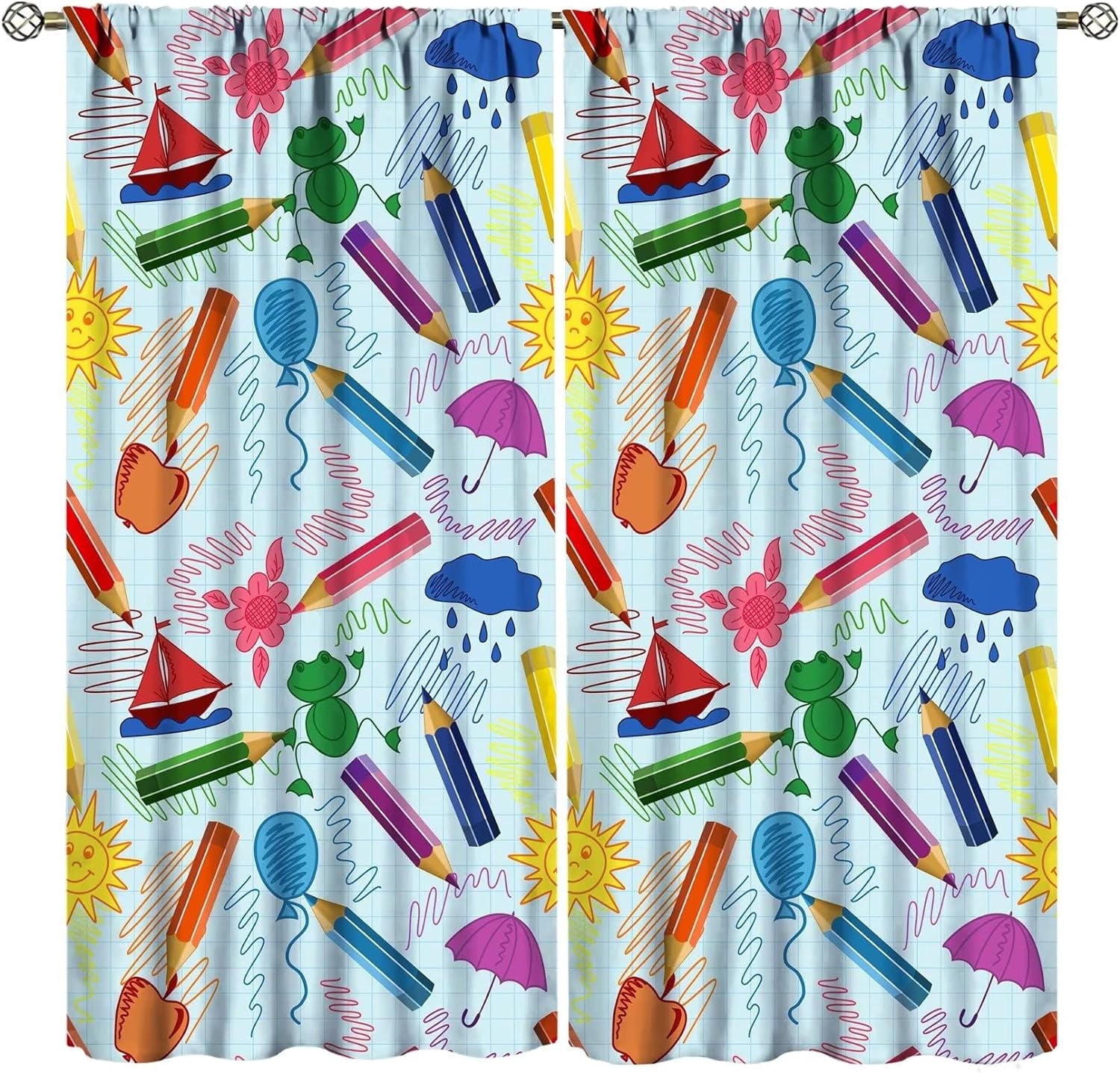 Kids Cartoon Pencil Curtains Colorful Nursery Bedroom Decor Cute Crayon ...
