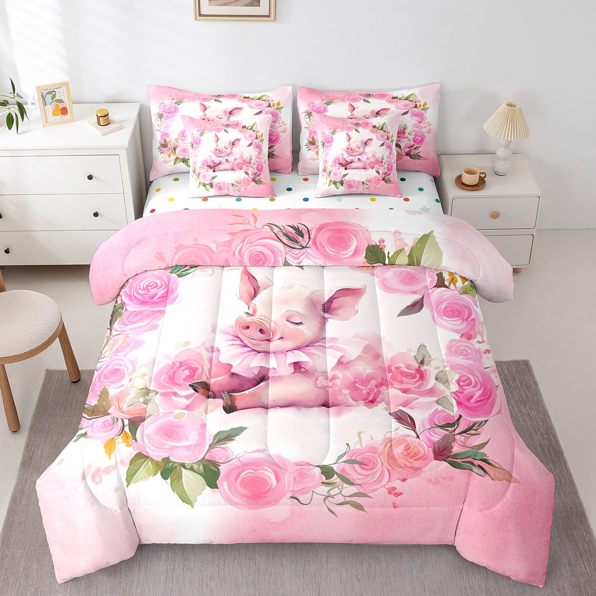 Cartoon Pig King Comforter Set 7-Piece Spring Blossom Bedding Comforter ...
