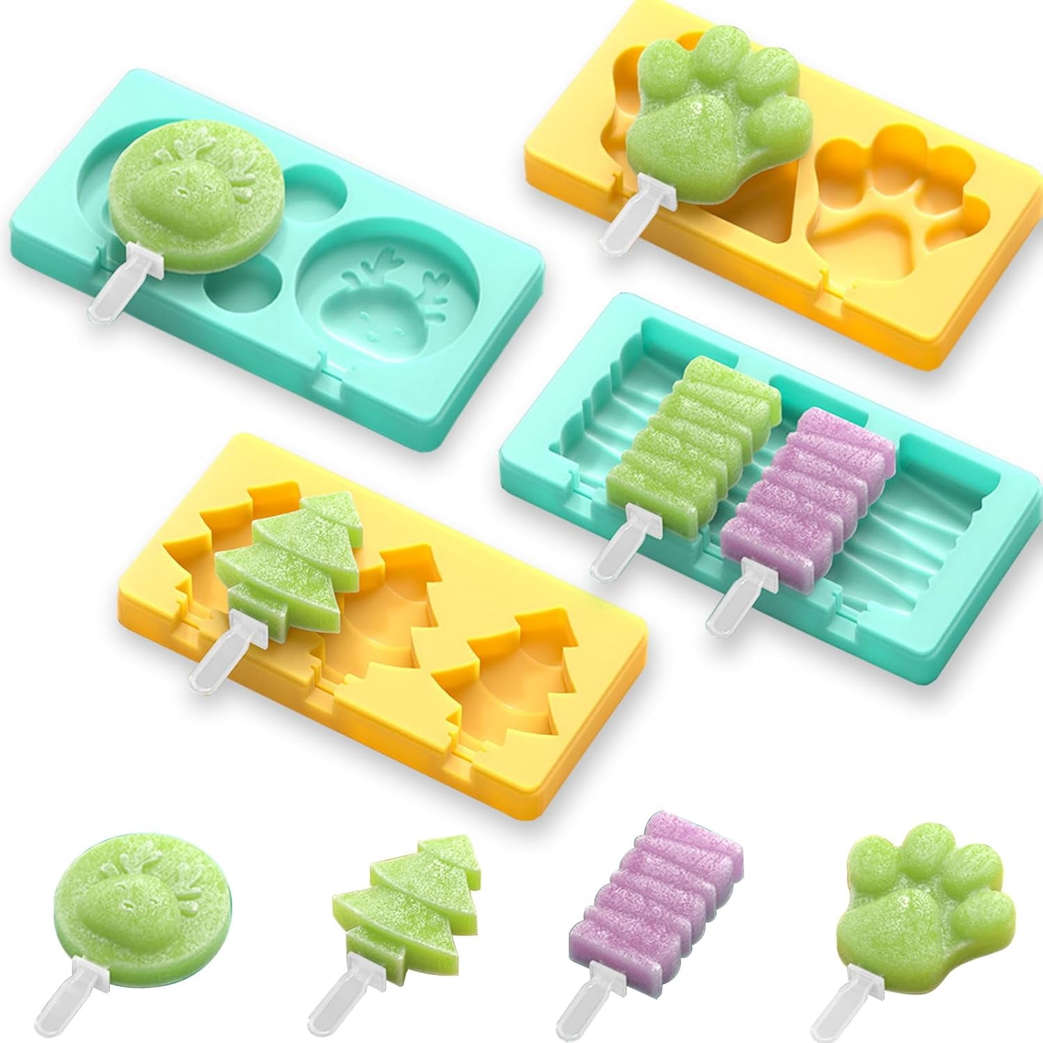 Kids Cartoon Popsicle Molds - 4 Pack, 10-Cavity Food-Grade Silicone Ice ...