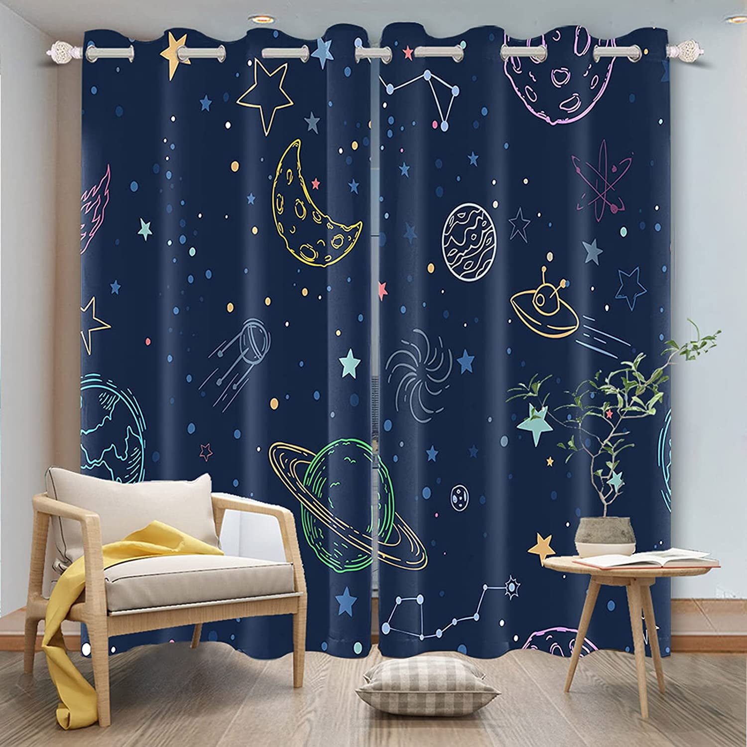 Kids Cartoon Space Blackout Pattern Curtain Sky Moon Stars Universe ...