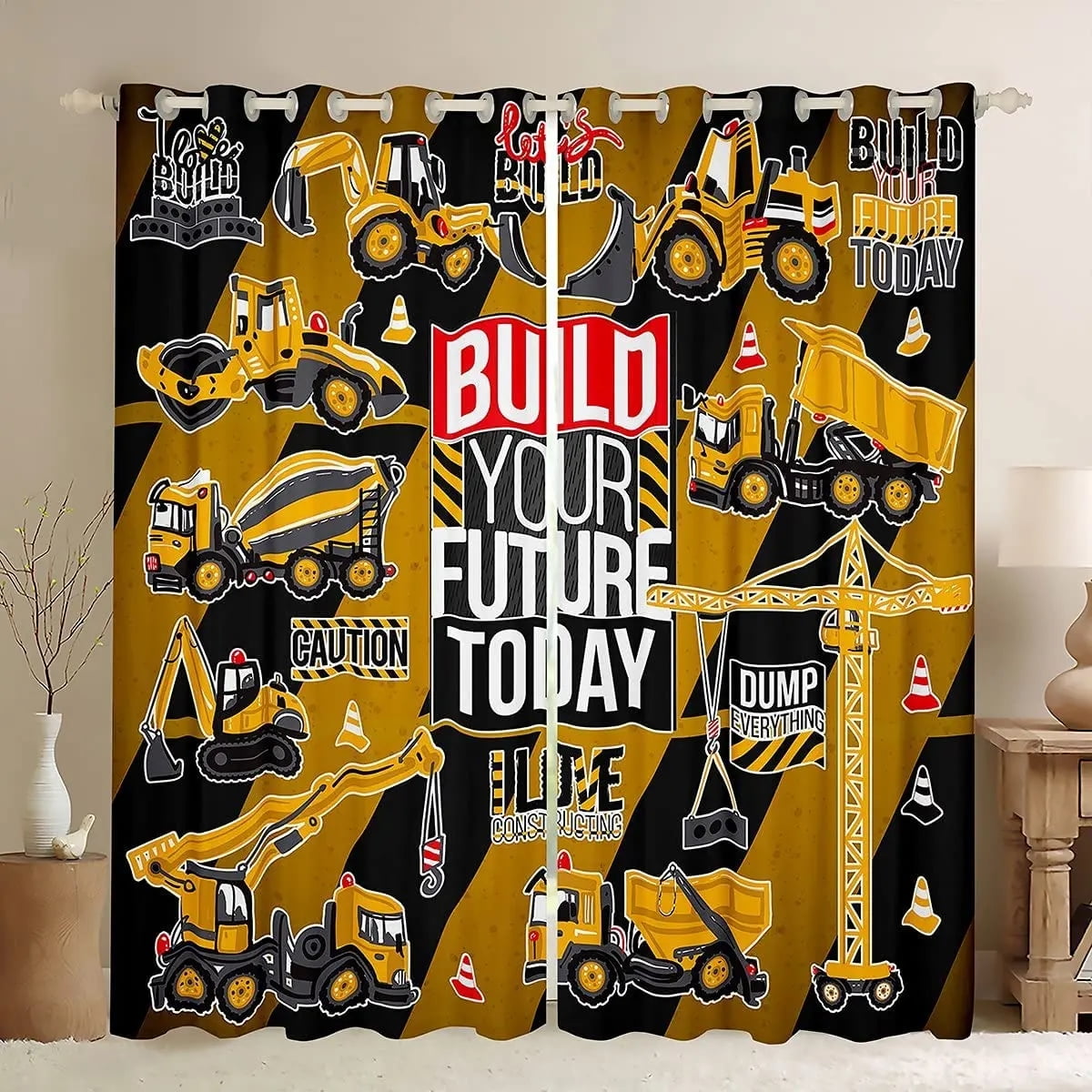 Kids Cartoon Truck Crane Excavator Boys Favourite truction Curtain ...