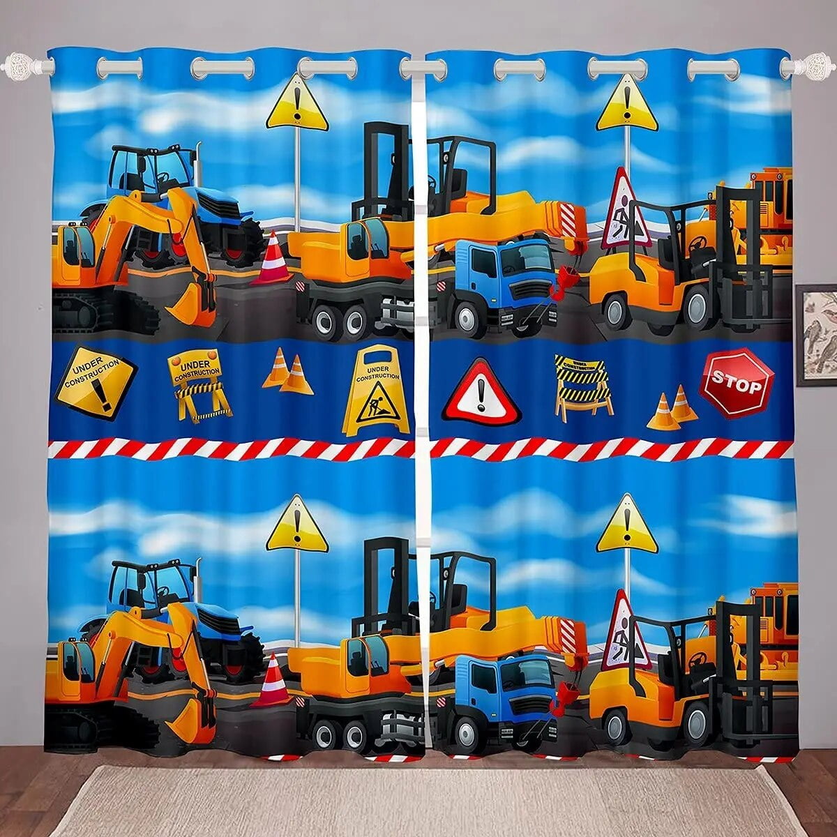 Kids Cartoon Truck Crane Excavator Window Drapes Boys Red Construction ...