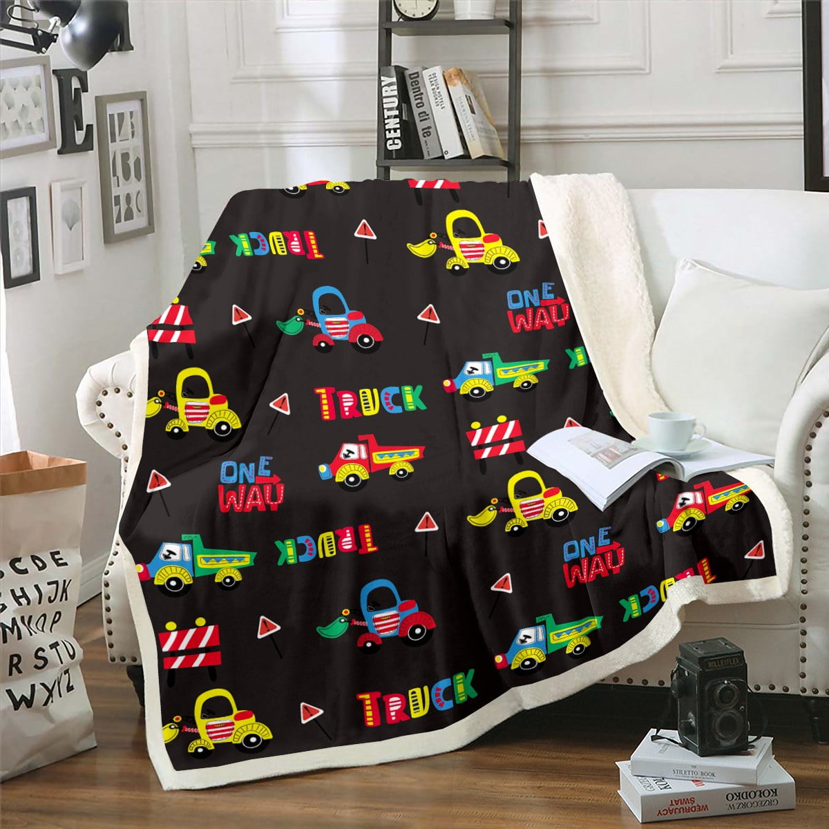 Cartoon Truck Fleece Blanket Car Theme Sherpa Blanket, Rainbow Tractor ...