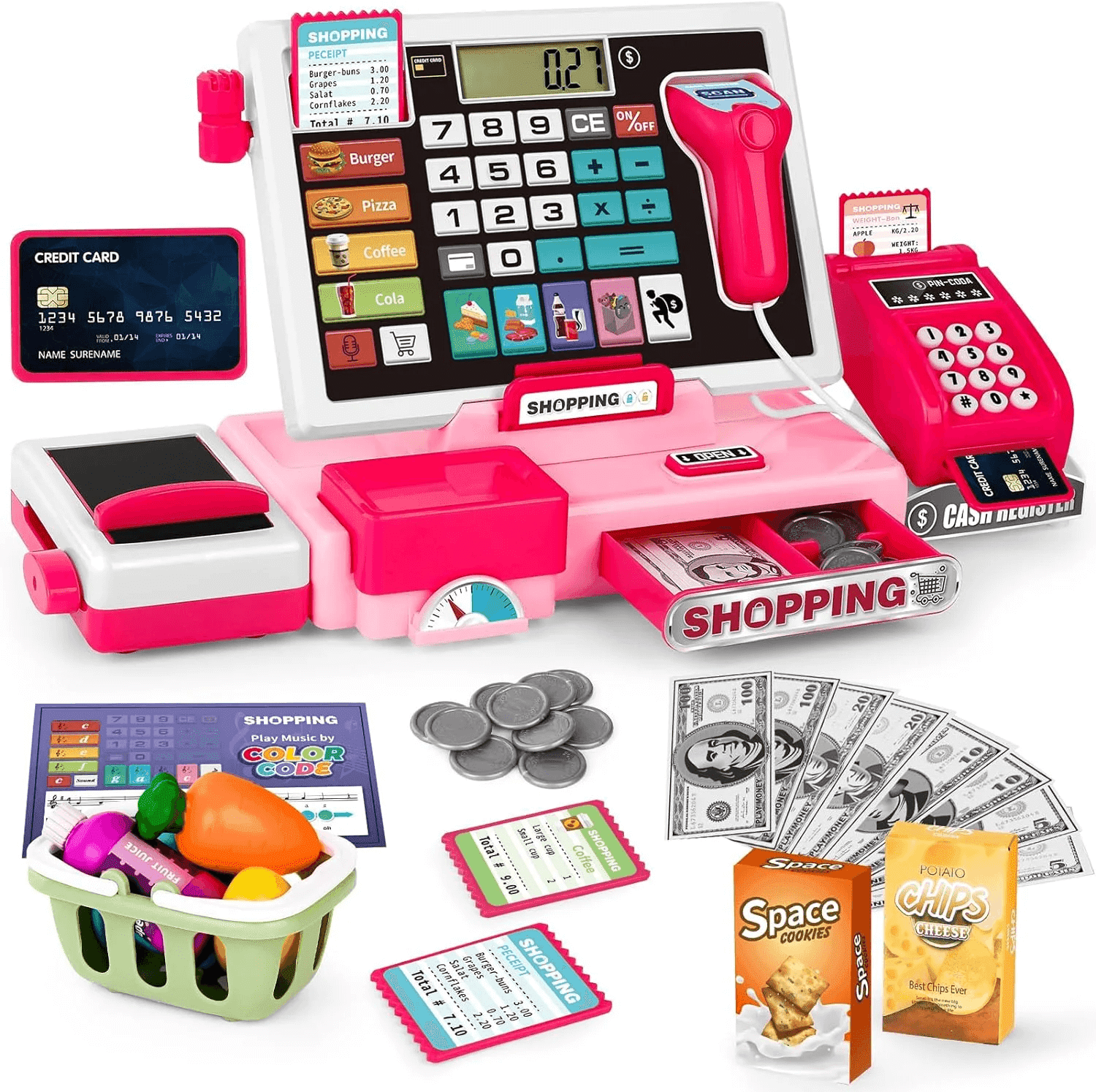 RUVINCE Kids Cash Register Toy Playset with Calculator, Food, Money ...