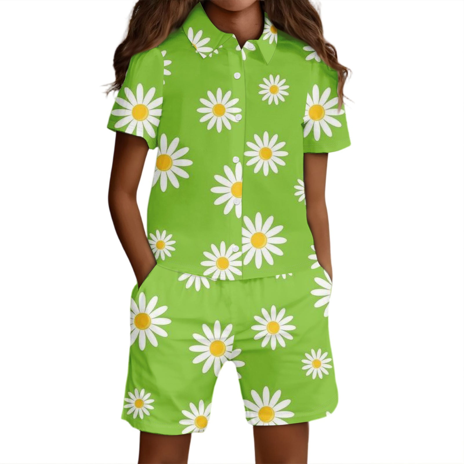 Kids Casual Fashion Button Down Shirt and Shorts Set - Floral Design ...