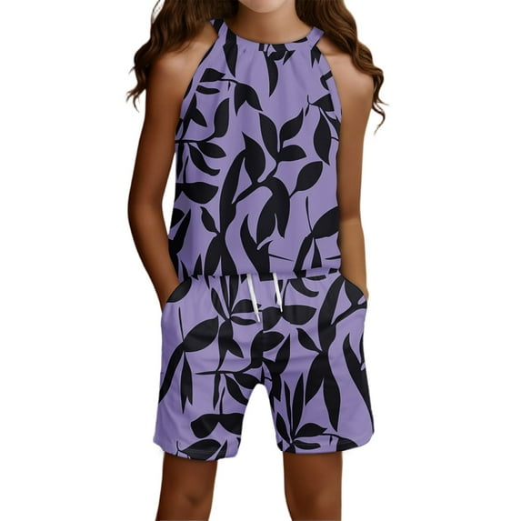 Kids Casual Fashion Halter Top and Shorts Set - Round Neck Sleeveless ...