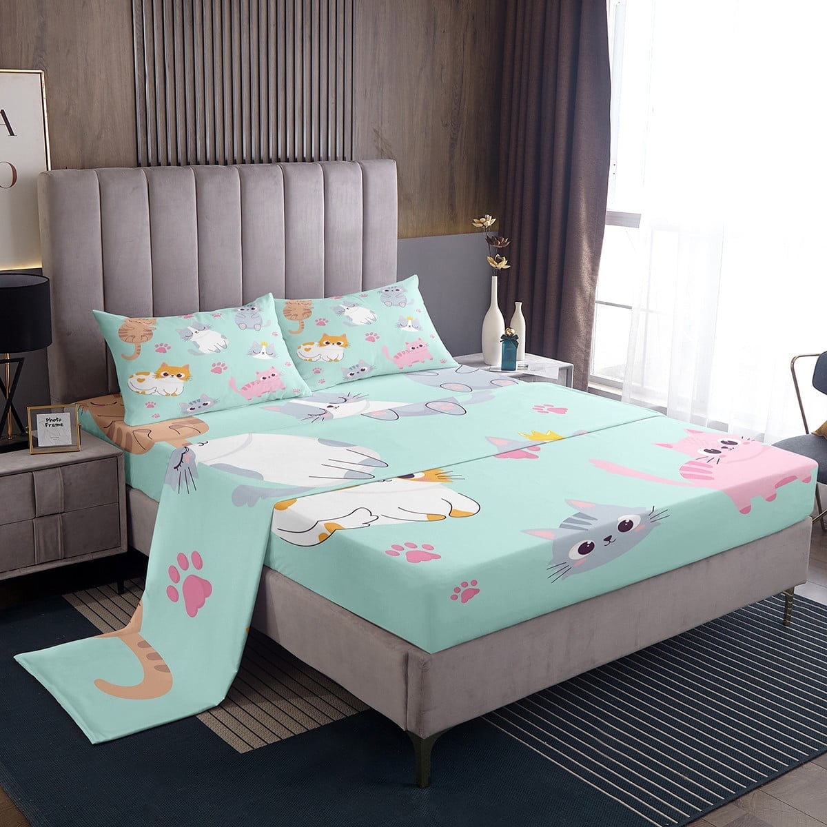 Erosebridal Full Size Cat Bed Sheet Set, Pink Kawaii Cartoon Cats, Soft ...