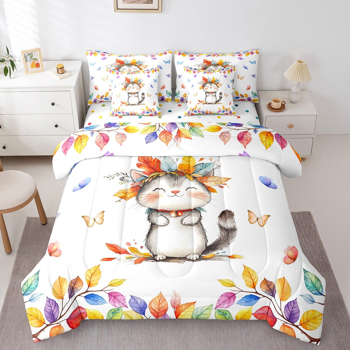 Kids Cat Bedding Comforter Sets 7pcs Watercolor Animals Twin Bedding ...