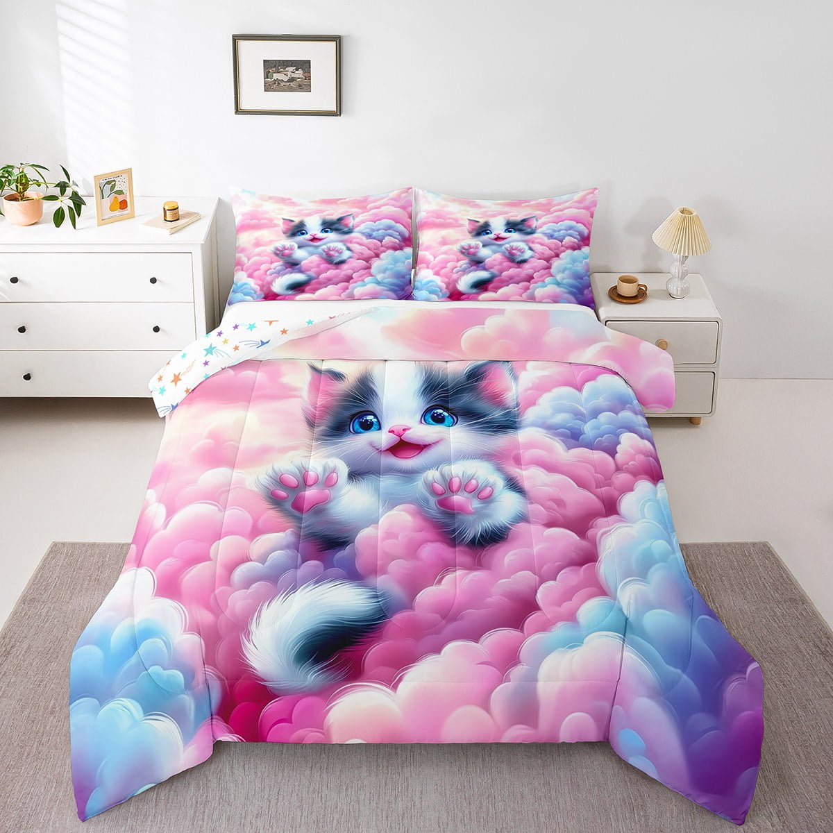 Cat Comforter Set Twin Size,Pink Blue Cloud Bedding Set Cute Kawaii Cat ...