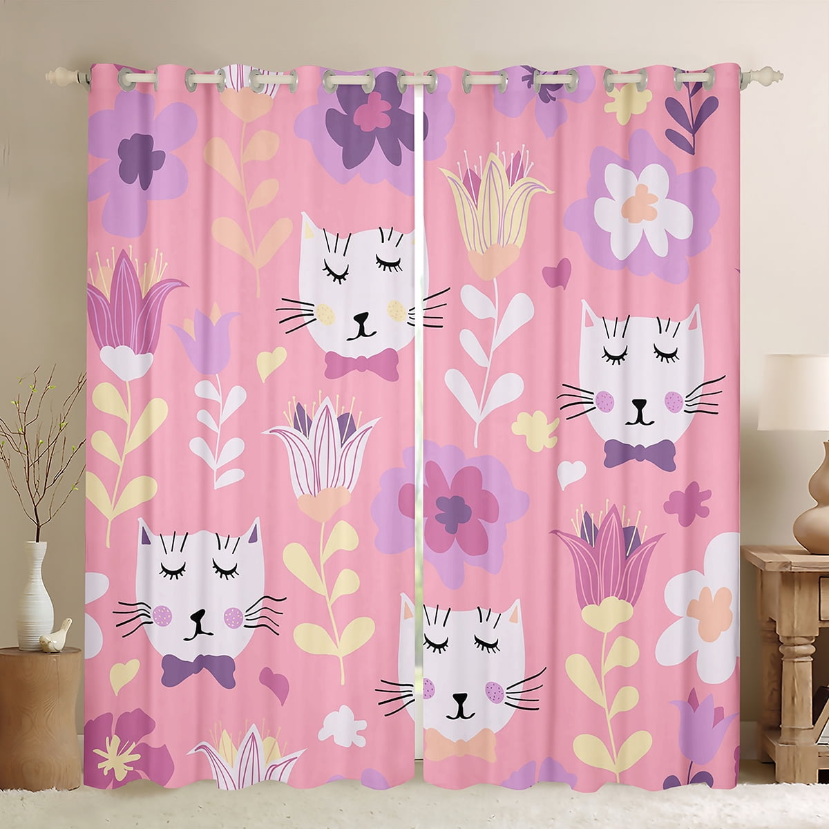 Cat Curtains,Cartoon Cat 30%-50% Blackout Curtains, Kawaii Cat Window ...