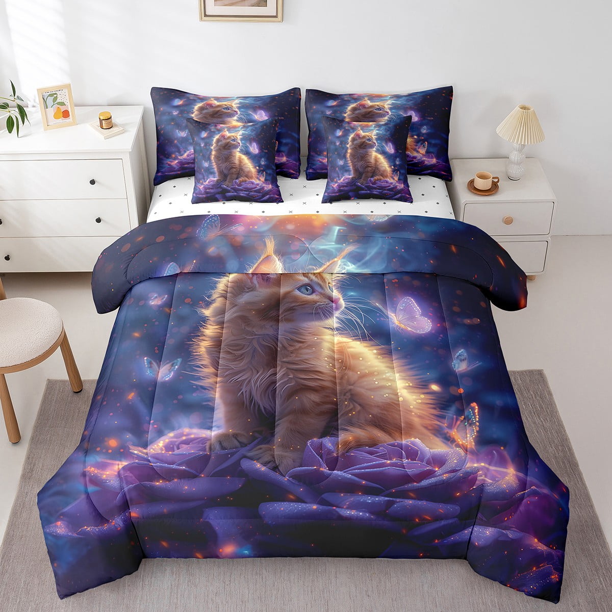 Cat Queen Comforter Set 7-Piece Kawaii Kitten Pet Bedding Sets,Glowing ...