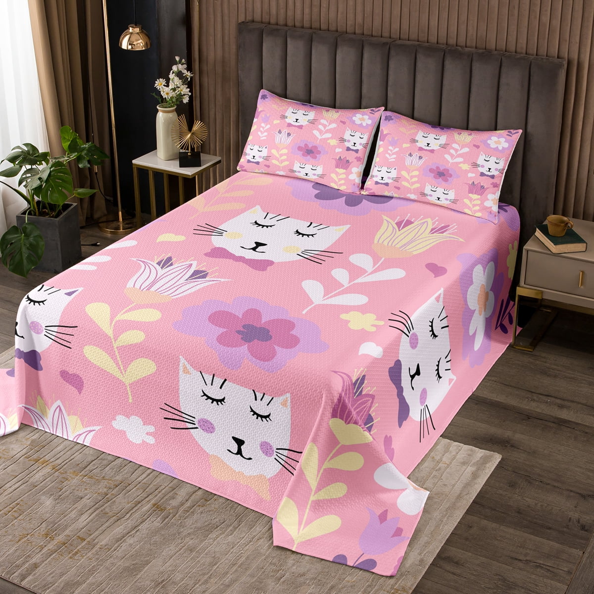 Cat Quilt Set Twin,Cartoon Cat Bedspread Set , Kawaii Cat Bedding,Girly ...