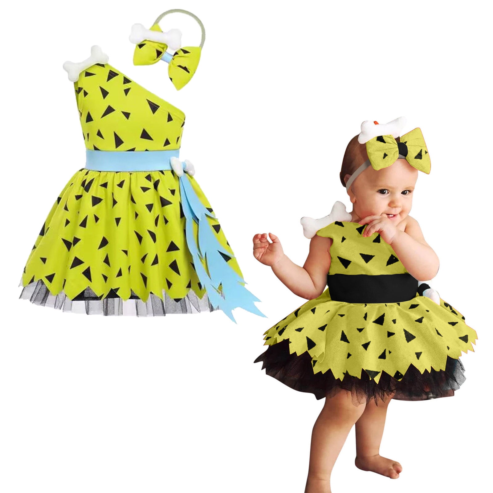 Kids Caveman Costume Dog Bones Historical Stone Age Cavegirl Mesh Dress ...