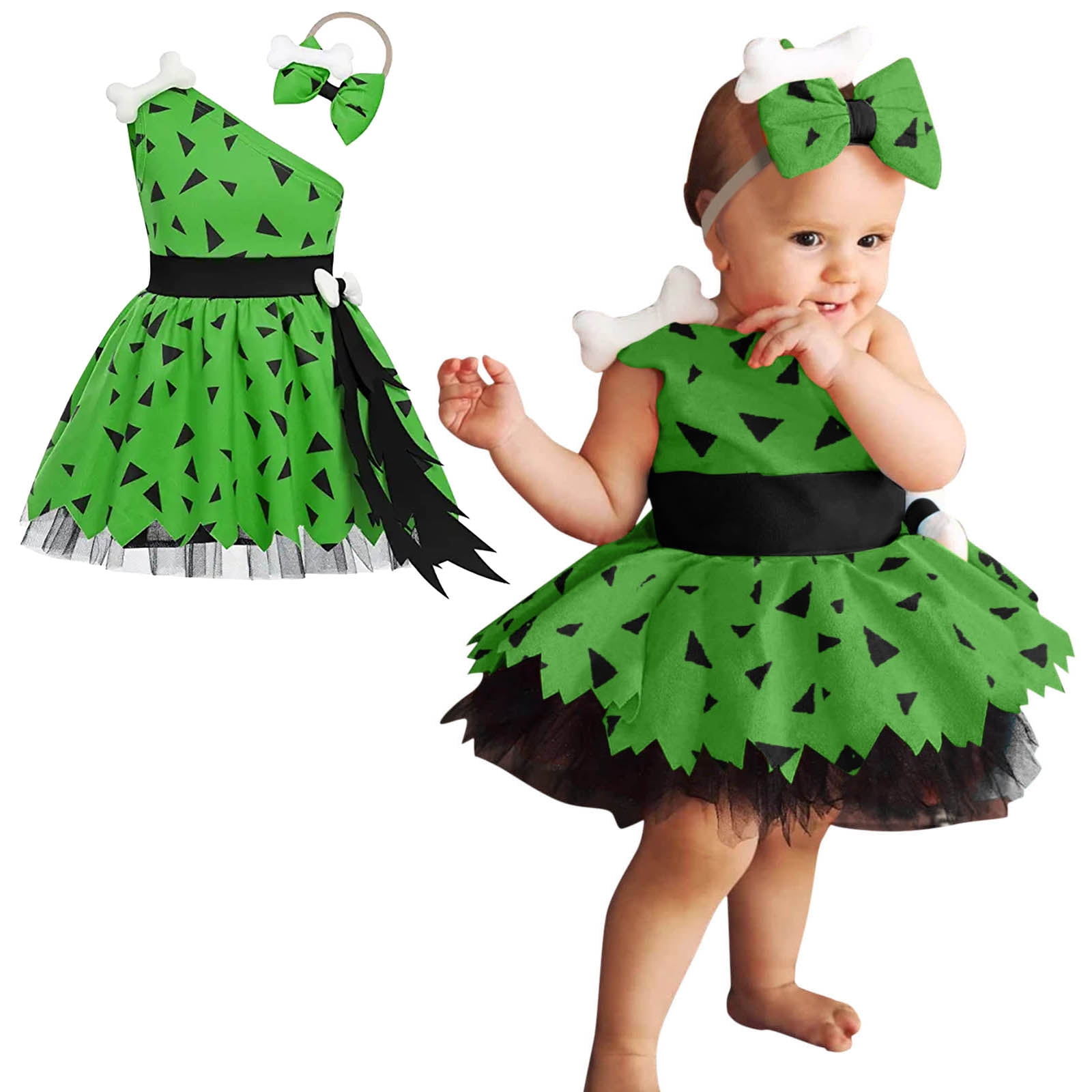 Kids Caveman Costume Dog Bones Stone Age Outfit Cavegirl Mesh Dress ...