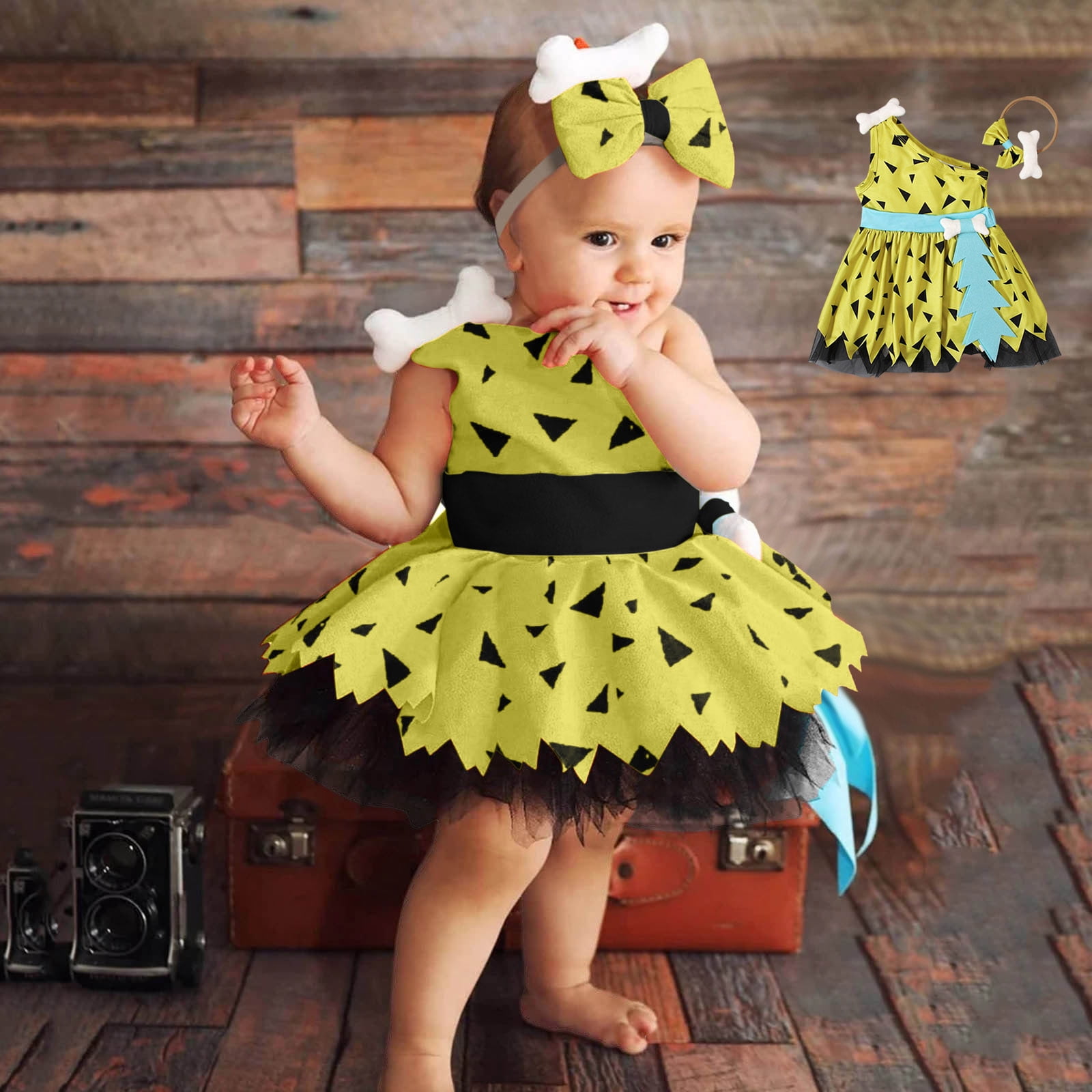 Kids Caveman Dog Bones Stone Age Outfit Kids Girl Halloween Dress Set ...