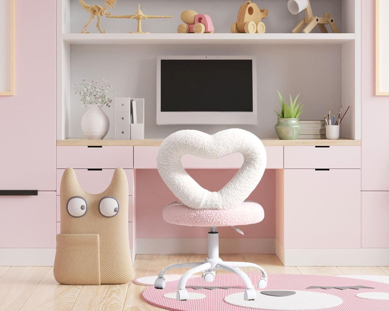 Kids Chair with Wheels Cute Furry Pink Vanity Chair with Hollowed Heart ...