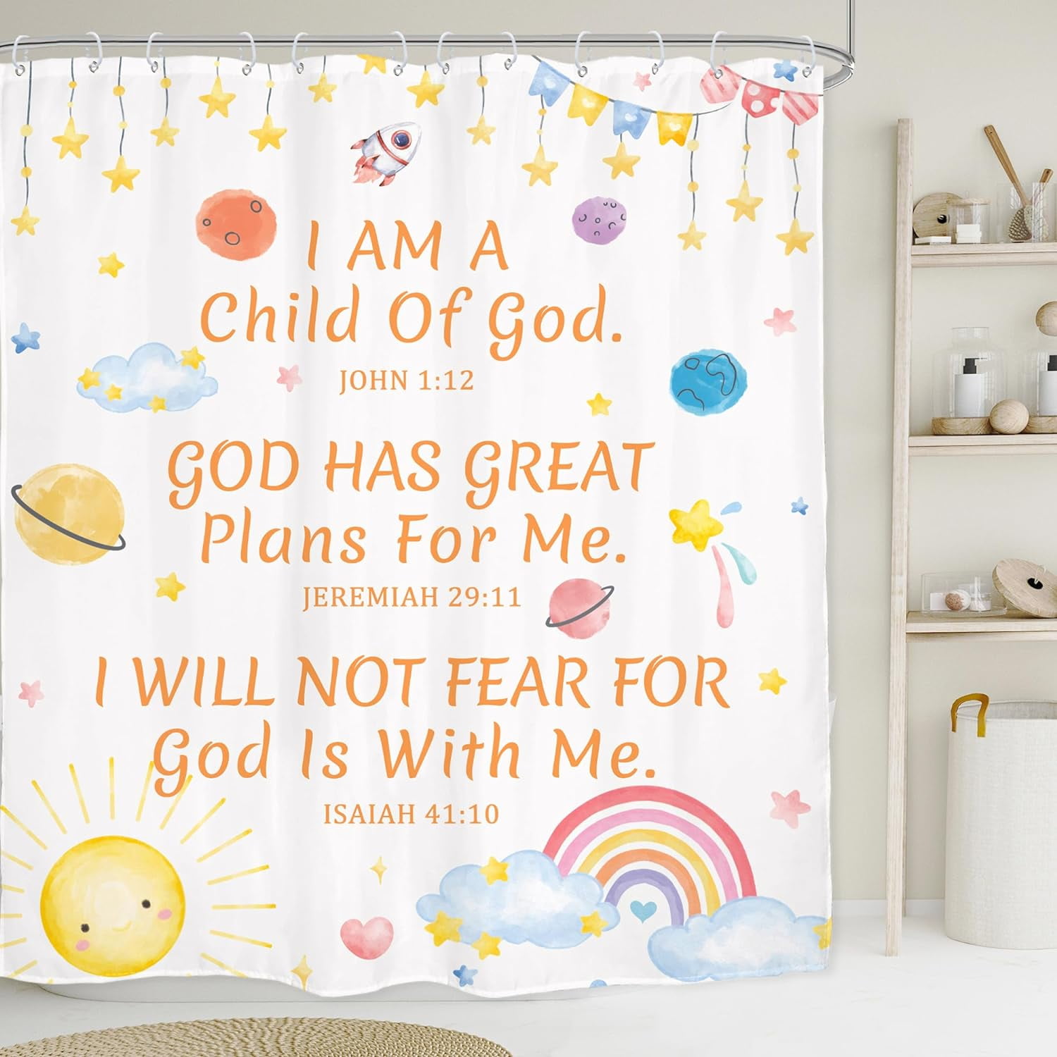 Kids Christian Shower Curtain Cartoon Planet Inspirational Quotes ...