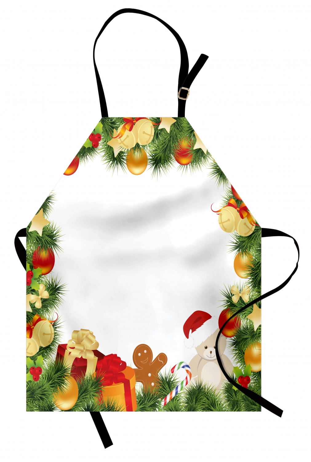 Kids Christmas Apron Garland Frame Design with Evergreen Fir Tree Bear Toy and Gingerbread Man ...