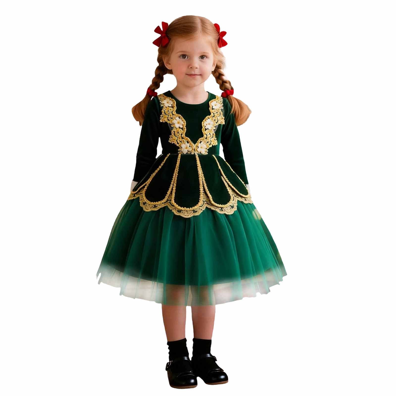Kids Christmas Dress for Girls Long Sleeve Embroider Pageant Green ...