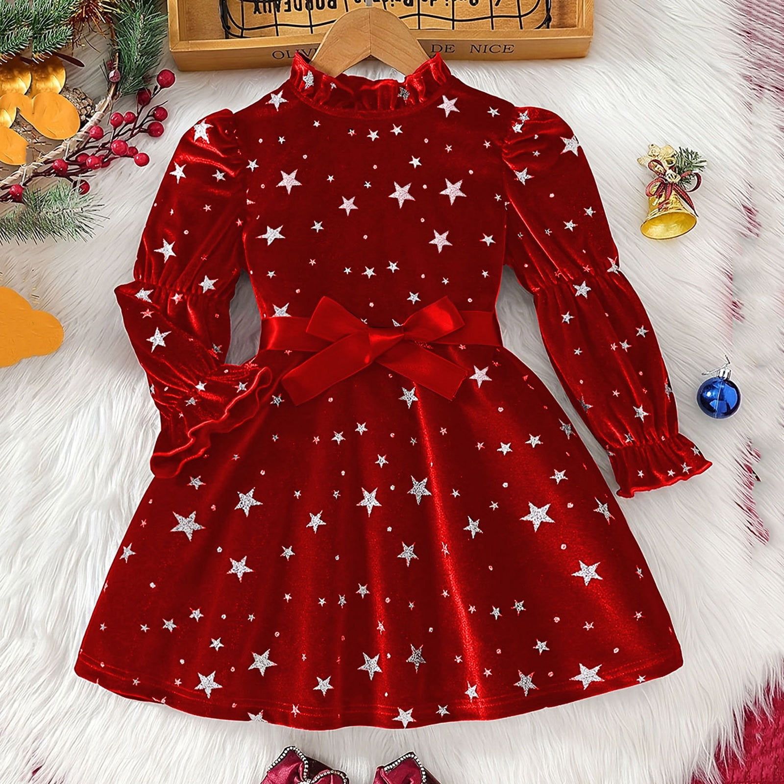 Kids Christmas Dresses for Girls Long Sleeve Velvet Dress with Ruffle ...