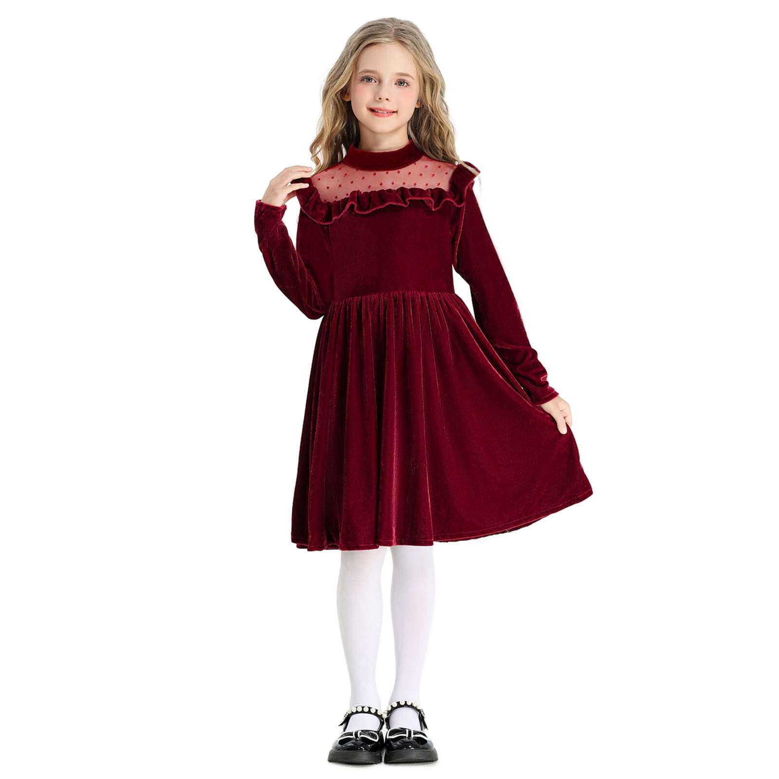 Kids Christmas Dresses for Girls Long Sleeve Ruffle Velvet Dresses for ...