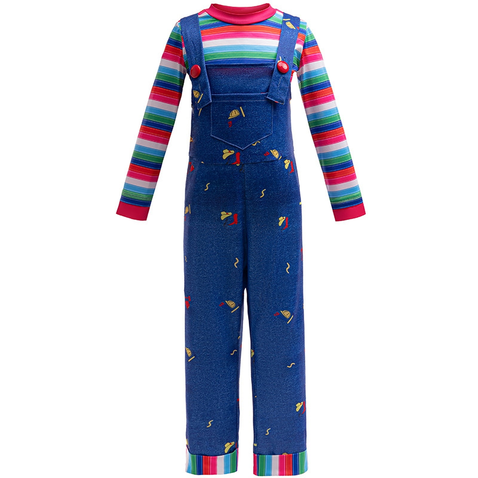 Kids Chucky Halloween Costume Boys Girls Blue Floral Overalls Striped ...