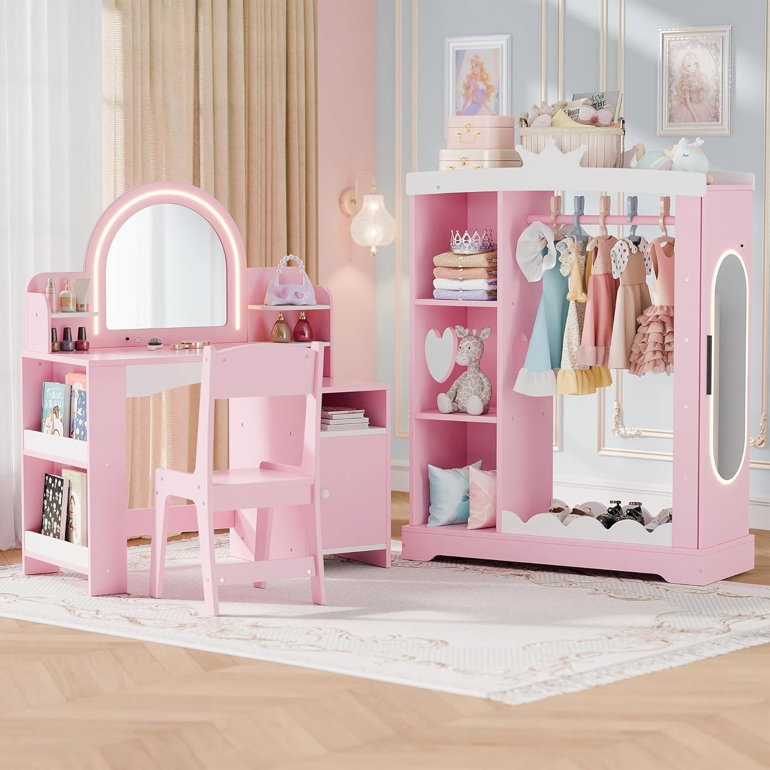 Kids Closet with Jewelry Cabinet & Vanity, Vanity Table with Lights ...