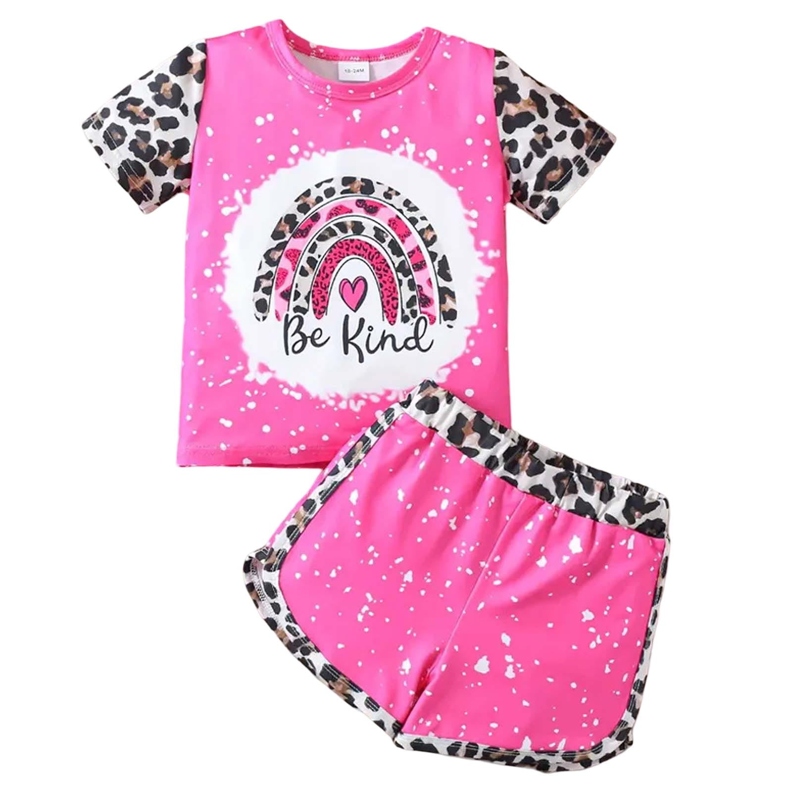 Kids Clothes Rainbow Color Block Leopard Print Short Sleeve 2 Piece Set ...