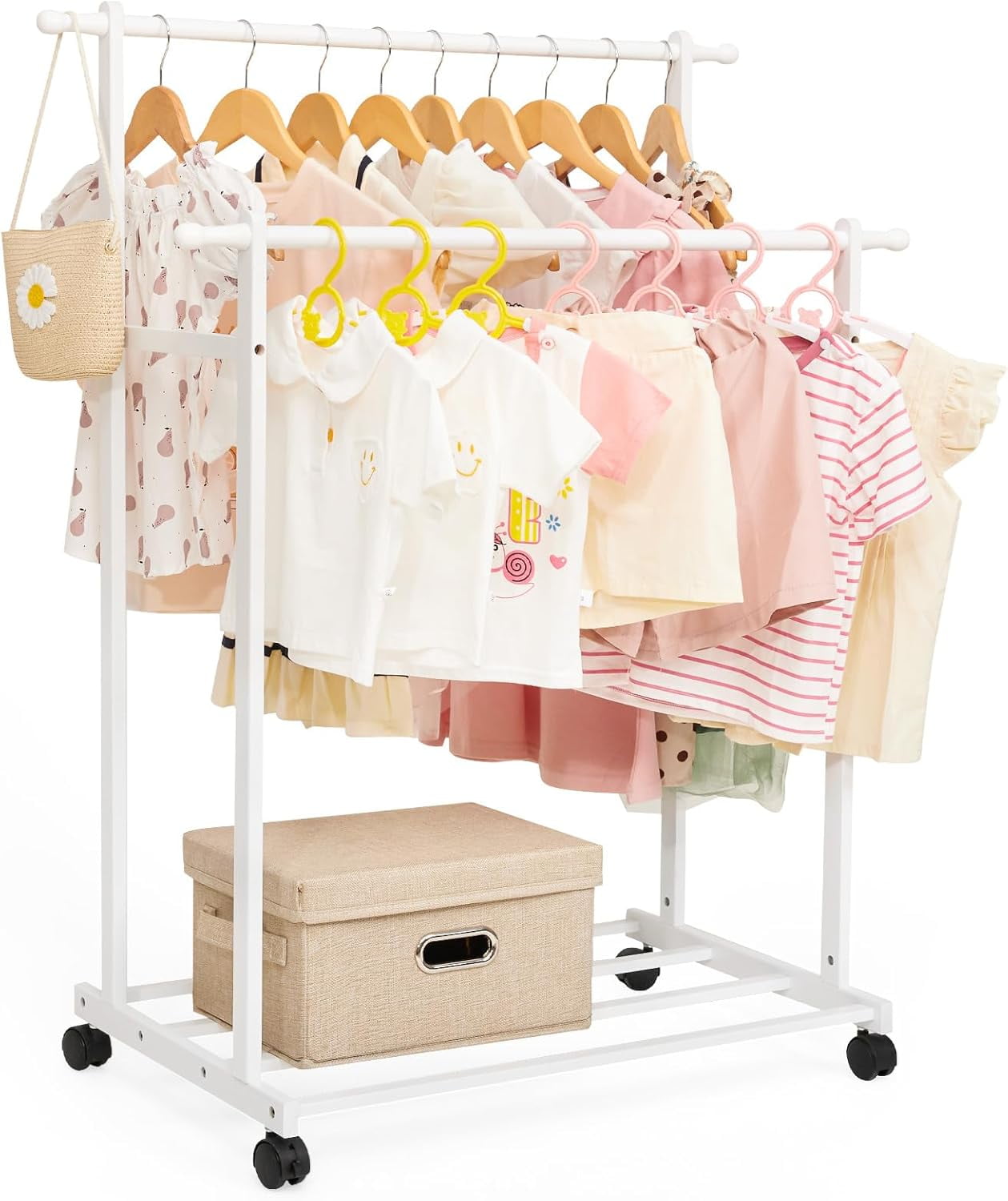 Kids Clothing Rack Bamboo with 2 Hanging Rods and 4 Hooks, Kids Dress ...