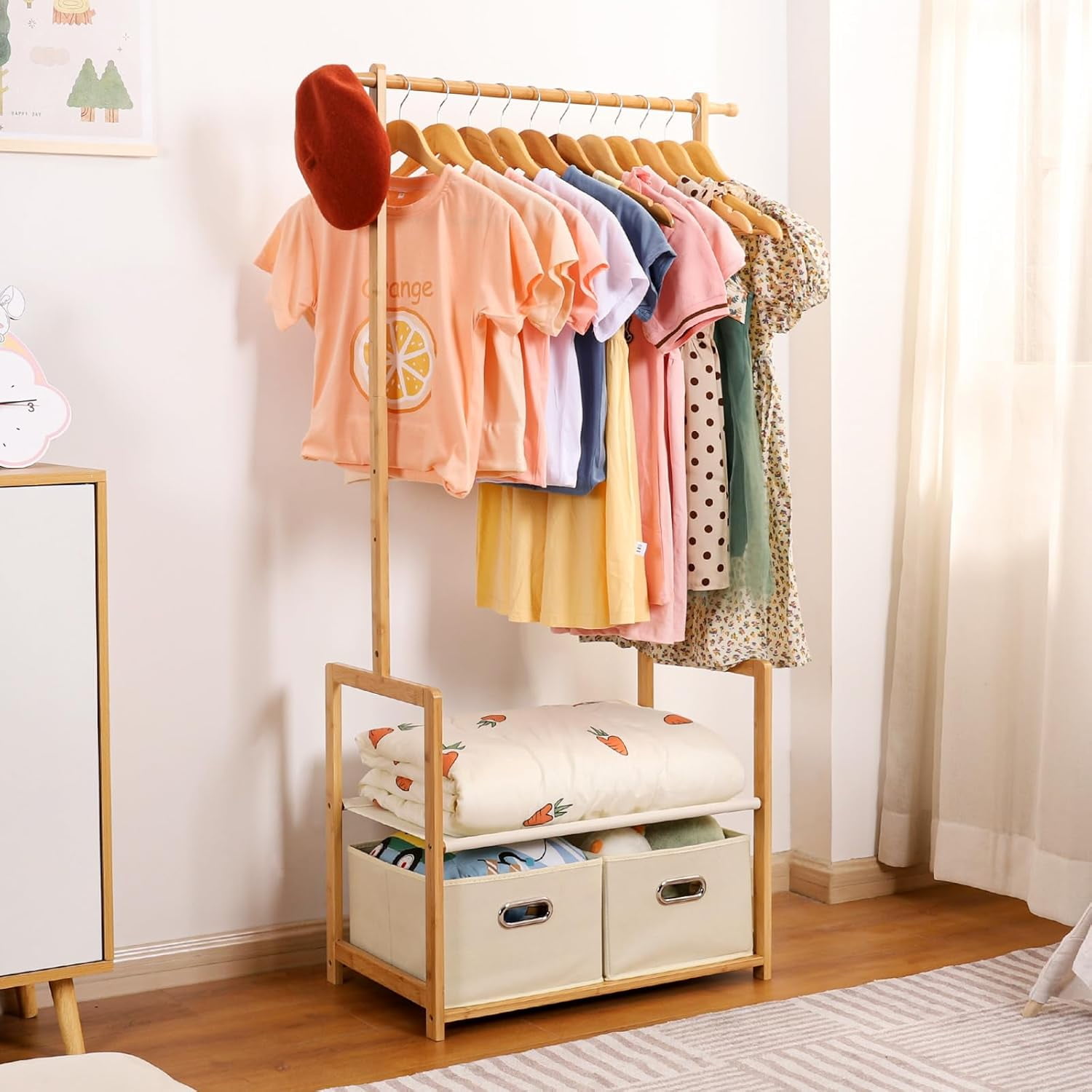 Kids Clothing Rack Bamboo with 2 Storage Baskets and 2 Adjustable ...